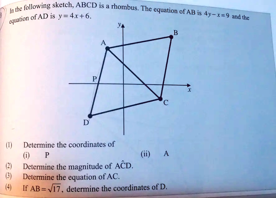 the following sketch abcd is a rhombus the ofad is y 4x6 equation of ab ...
