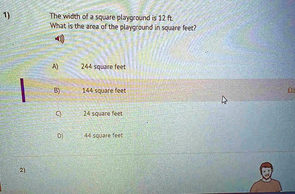 SOLVED: The width of a square playground is 12 ft What is the area of ...