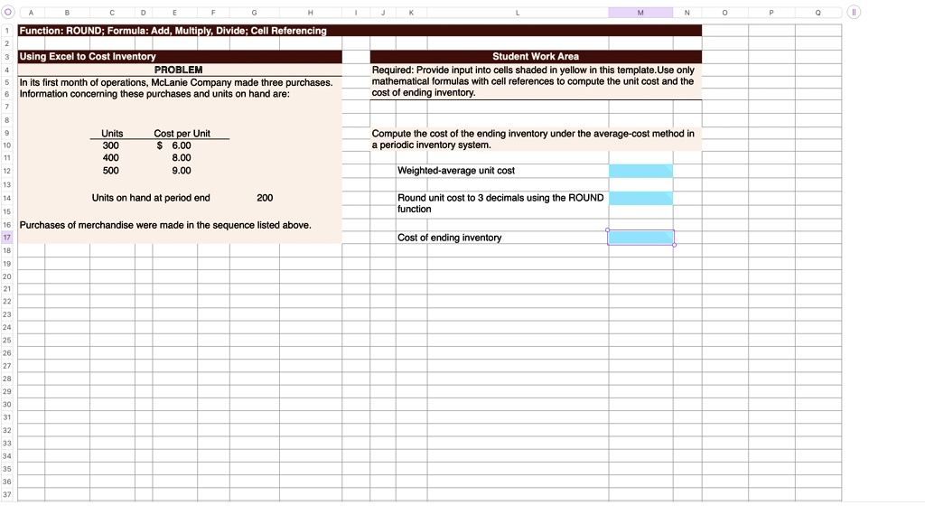 Function: ROUND; Formula: Add, Multiply, Divide; Cell Referencing Using Excel to Cost Inventory ...