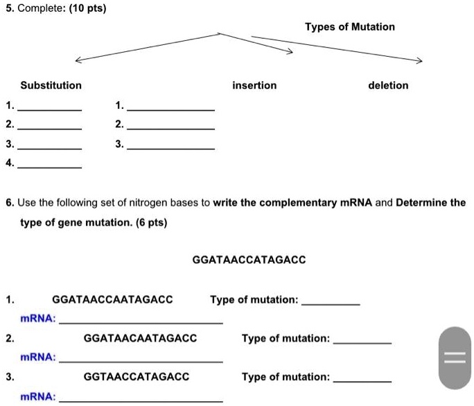 SOLVED: Types of Mutation Substitution Insertion Deletion Use the following set of nitrogen ...