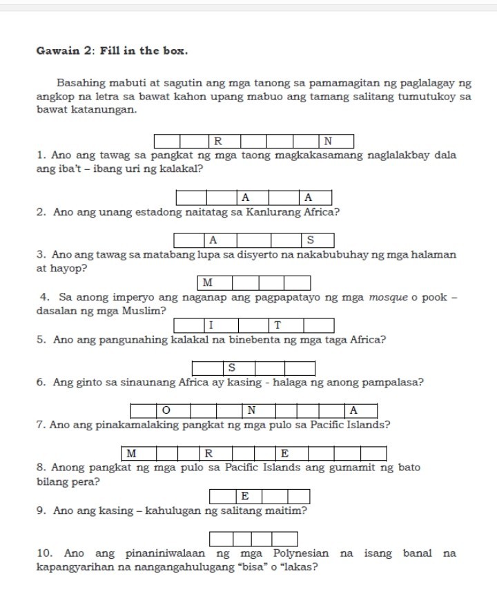 SOLVED: Gawain 2: Fill in the box. Basahing mabuti at sagutin ang mga ...