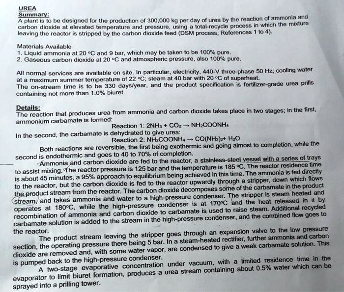 SOLVED: UREA Summani ^ plant is t0 be designed for the production of ...