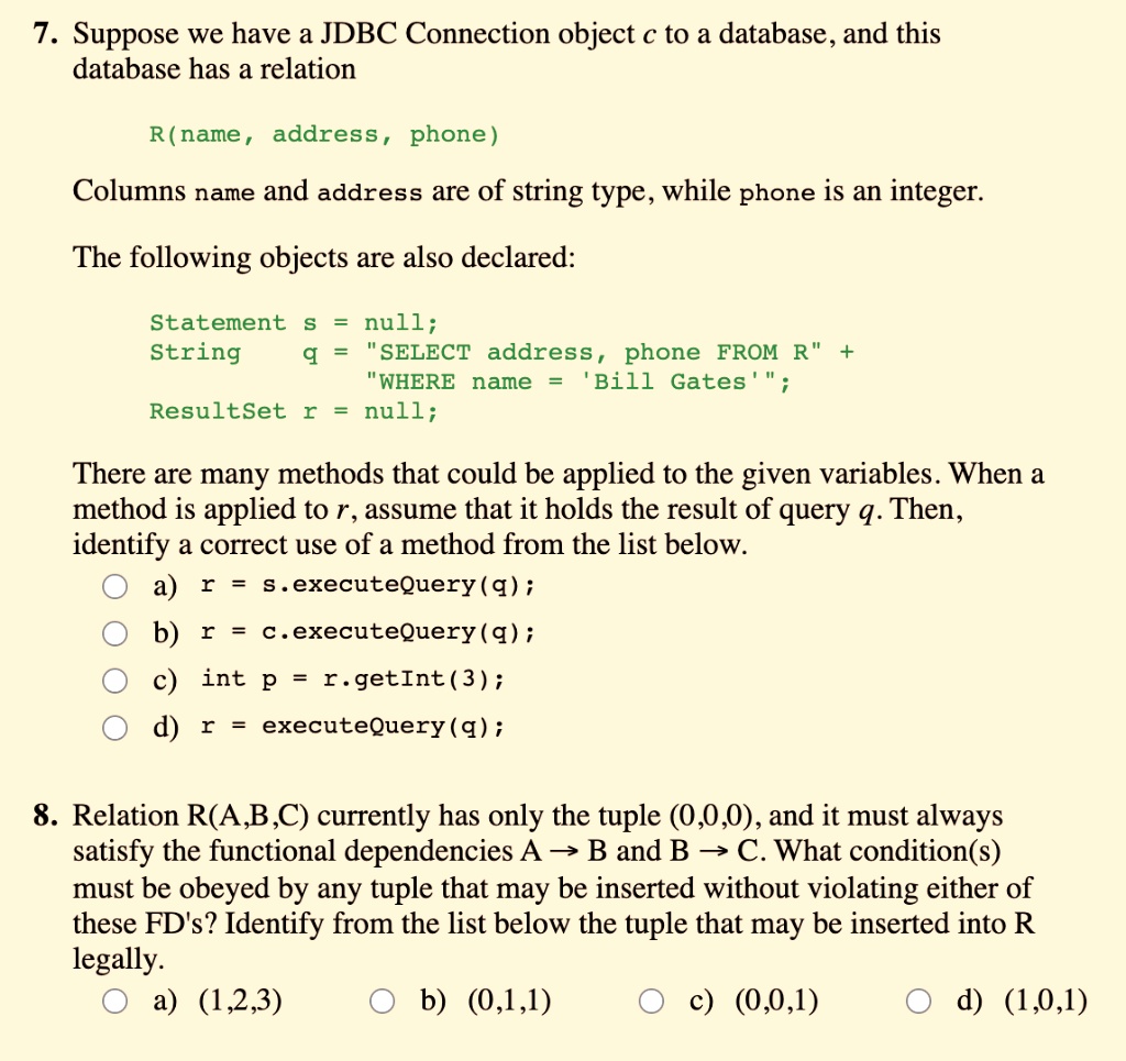 Solved Suppose We Have A Jdbc Connection Object C To A Database And 7009