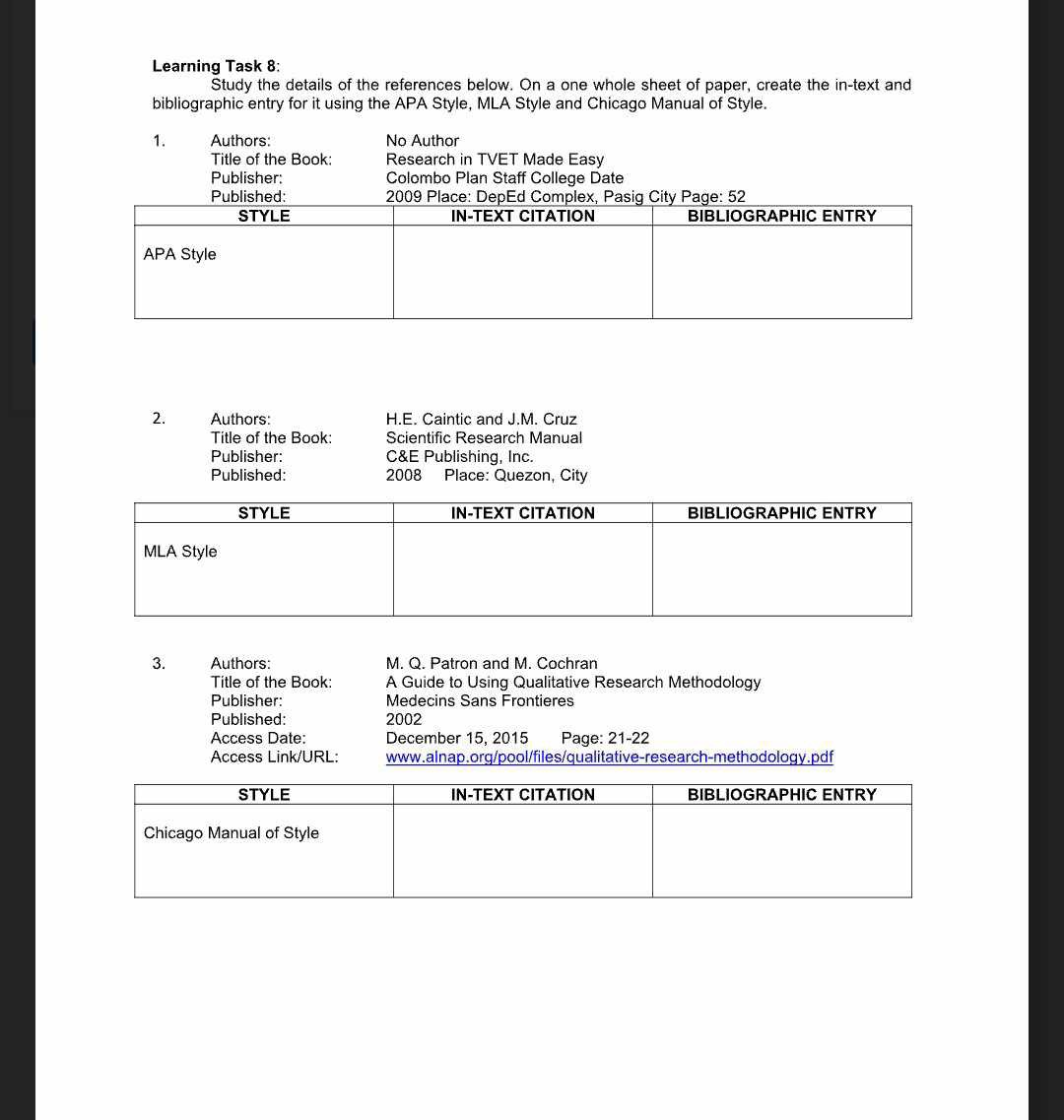 Learning Task 8: Study the details of the references below. On a one whole sheet of paper ...