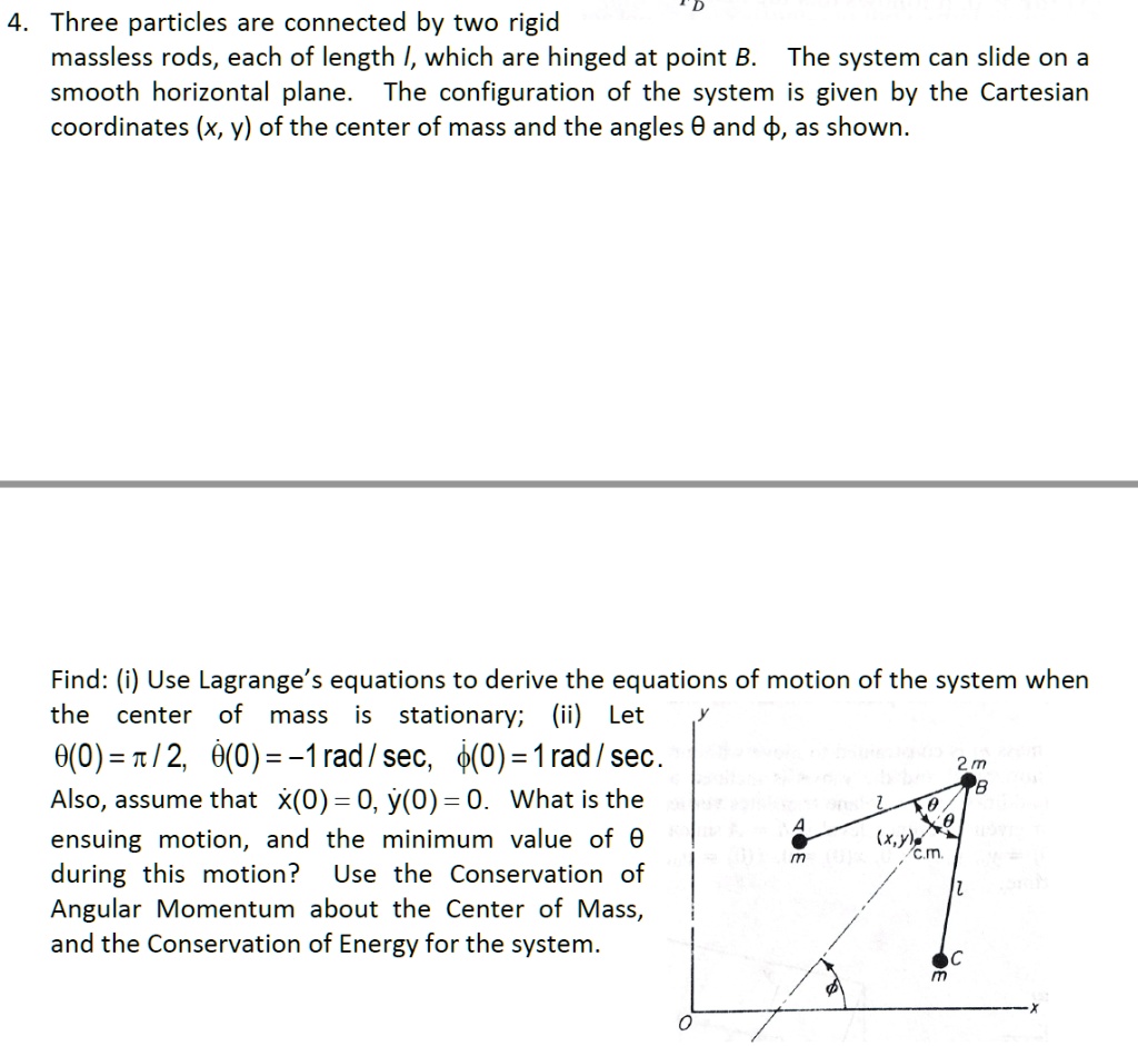 SOLVED: Three particles are connected by two rigid massless rods, each ...