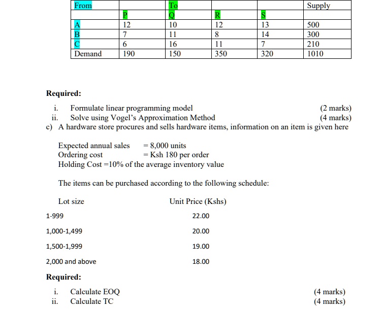 SOLVED:From Supply 300 Demand 150 320 1010 Required: Formulate linear ...