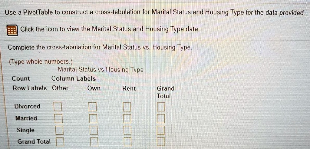 Use a PivotTable to construct a cross-tabulation for Marital Status and ...