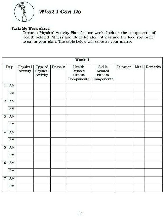 What I Can Do Task: My Week Ahead Create a Physical Activity Plan for one week. Include the ...