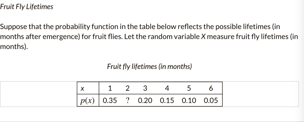 Fruit Fly Lifetimes Suppose that the probability function in the table ...