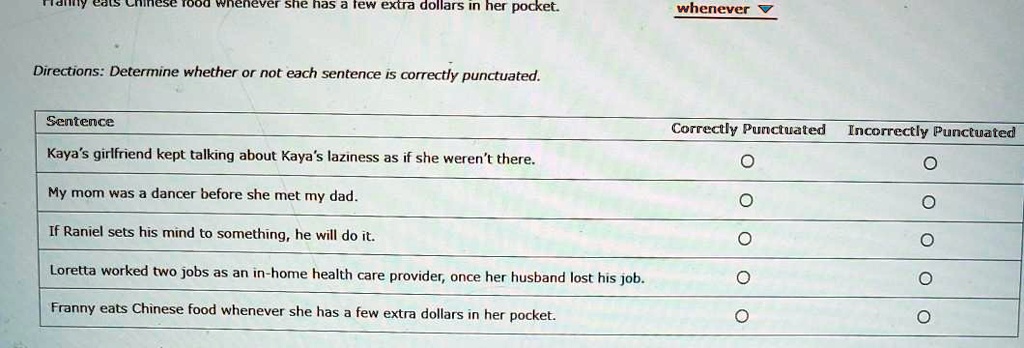a few extra dollars in her pocket whenever directions determine whether or not each sentence is ...
