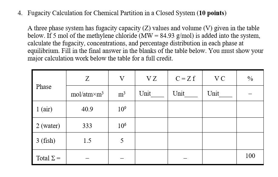 SOLVED: A three-phase system has fugacity capacity (Z) values and ...