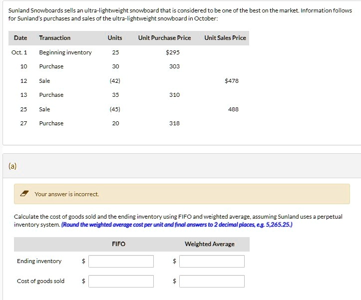 SOLVED: FIFO Weighted Average Ending inventory Cost of goods sold SOLVED: FIFO Weighted Average Ending inventory Cost of goods sold