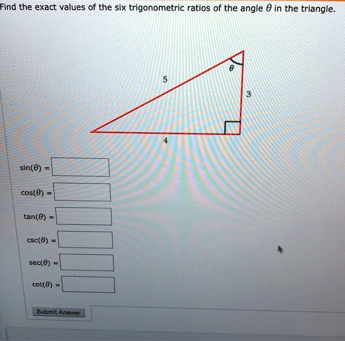 Find the exact values of the six trigonometric ratios of the angle θin the triangle. sin(θ ...
