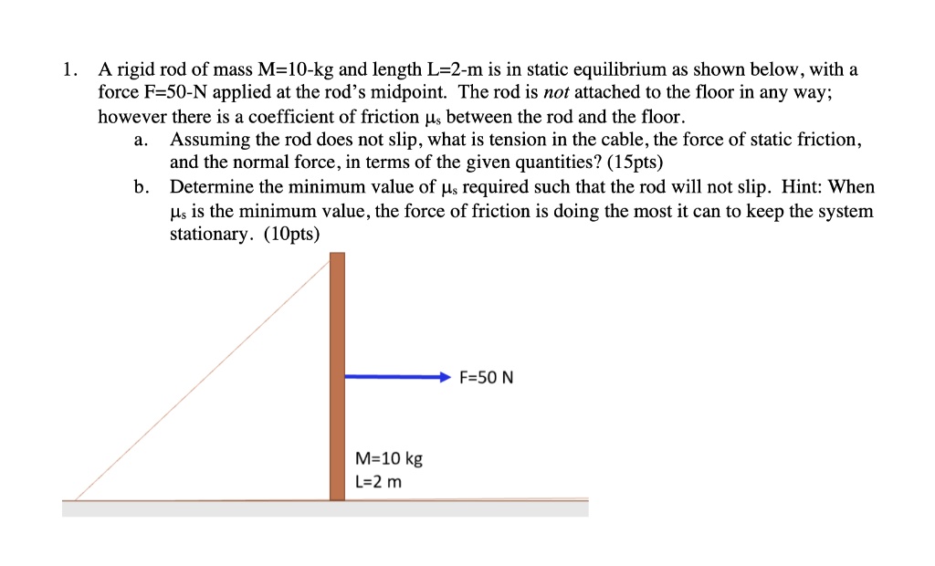 SOLVED: A rigid rod of mass M = 10 kg and length L = 2 m is in static equilibrium as shown below ...