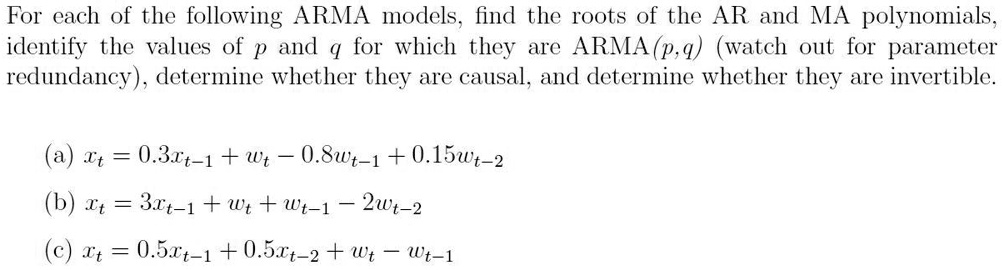 For each of the following ARMA models, find the roots of the AR and MA ...