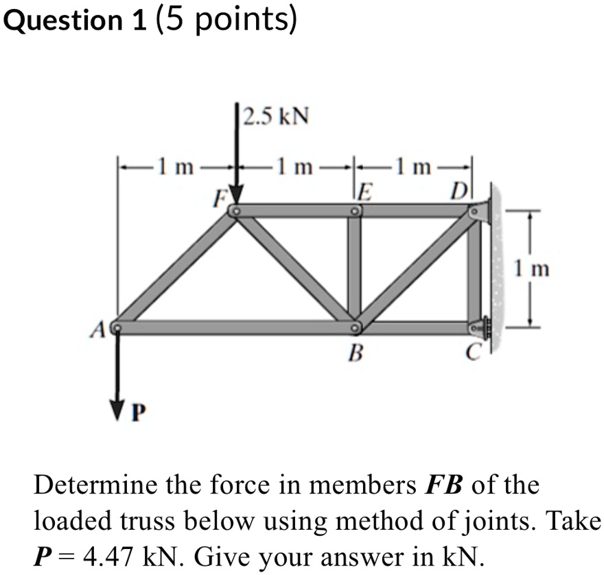 question 1 5 points 25 kn 1 m 1 m 1 m f e d b c 1 m vp determine the force in members fb of the ...