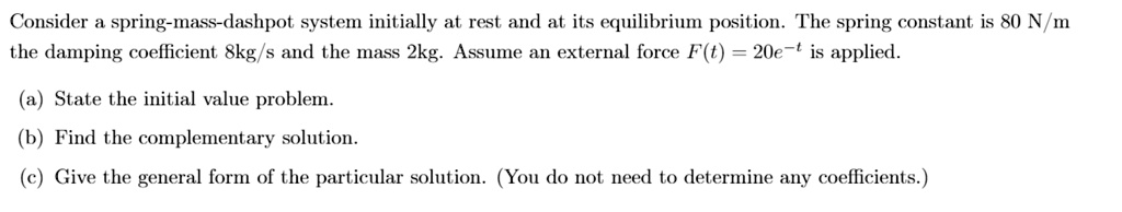 SOLVED: Consider a spring-mass-dashpot system initially at rest and at ...