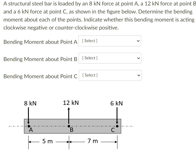 A structural steel bar is loaded by an 8 kN force at point A, a 12 kN ...