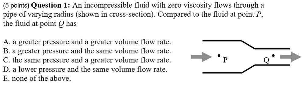 (5 points) Question 1: An incompressible fluid with zero viscosity ...
