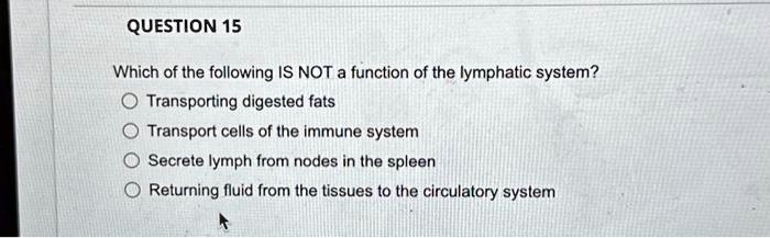 SOLVED: QUESTION 15 Which of the following IS NOT a function of the lymphatic system? O ...