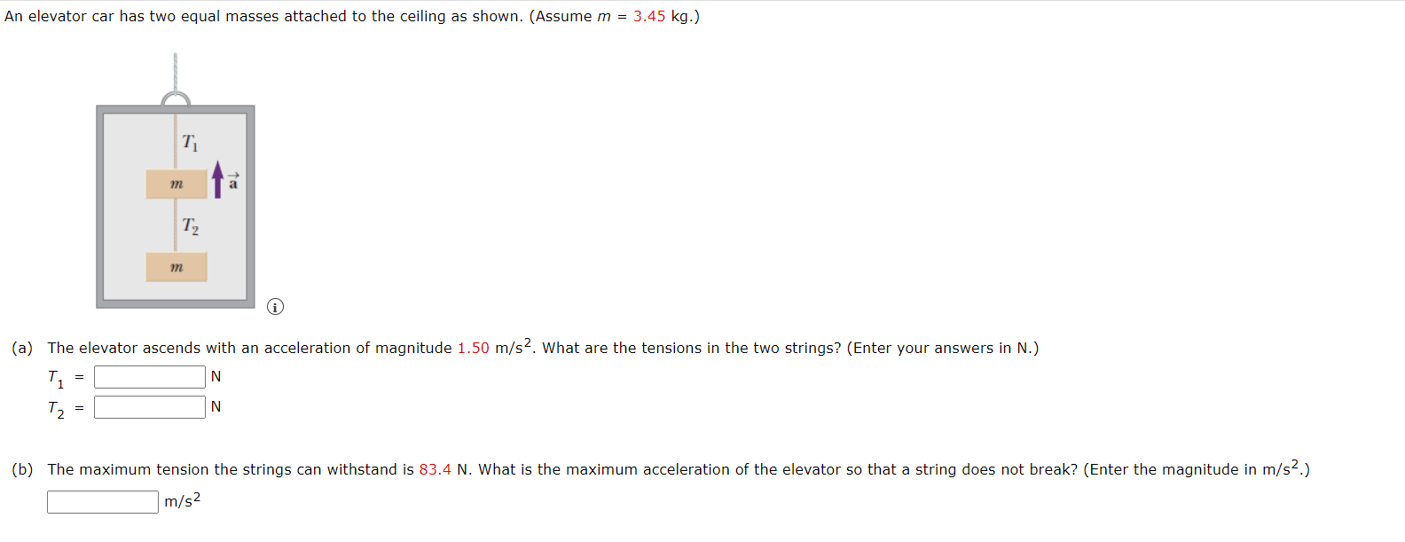 An elevator car has two equal masses attached to the ceiling as shown ...