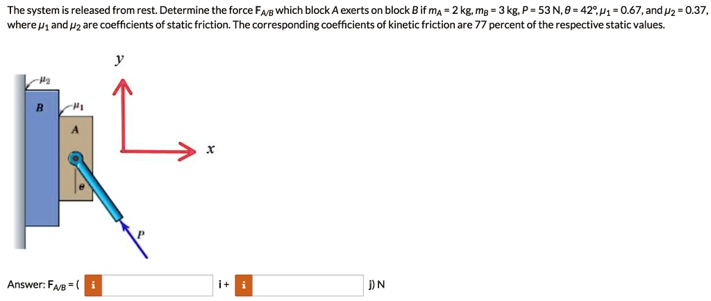 the system is released from rest determine the force f which block a exerts on block b if m 2 kg ...