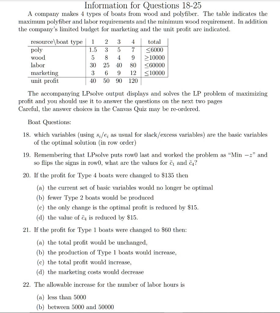 SOLVED:Information for Questions 18-25 company makes 4 types of boats ...