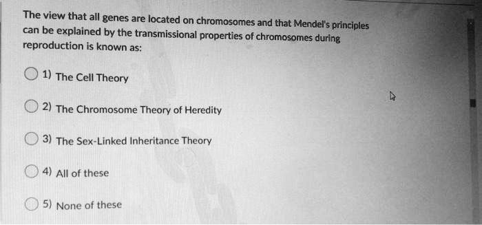 SOLVED: The view that all genes are located on chromosomes and that Mendel's principles can be ...