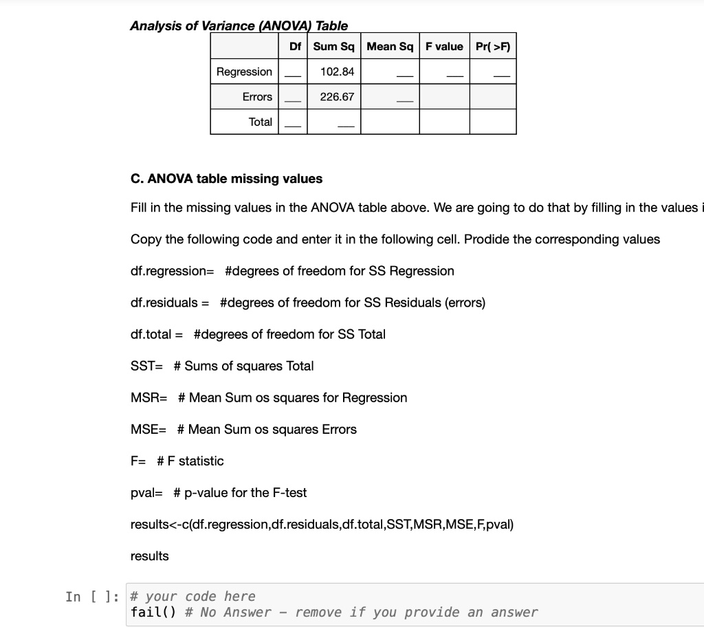 Solved Analysis Of Variance Anqva Table Df Sum Sq Mean Sq F Value Prf Regression 10284 