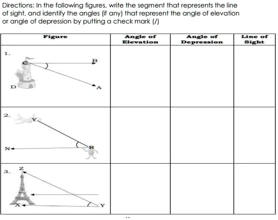 Directions: In the following figures, write the segment that represents the line of sight, and ...