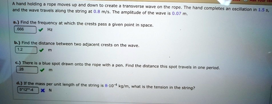 SOLVED: A hand holding a rope moves up and down to create a transverse ...