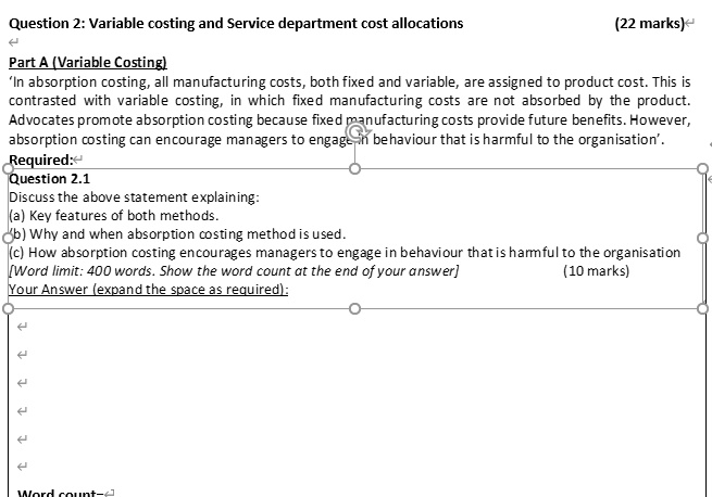 Question 2: Variable costing and Service department cost allocations ? Part A (Variable Costing ...