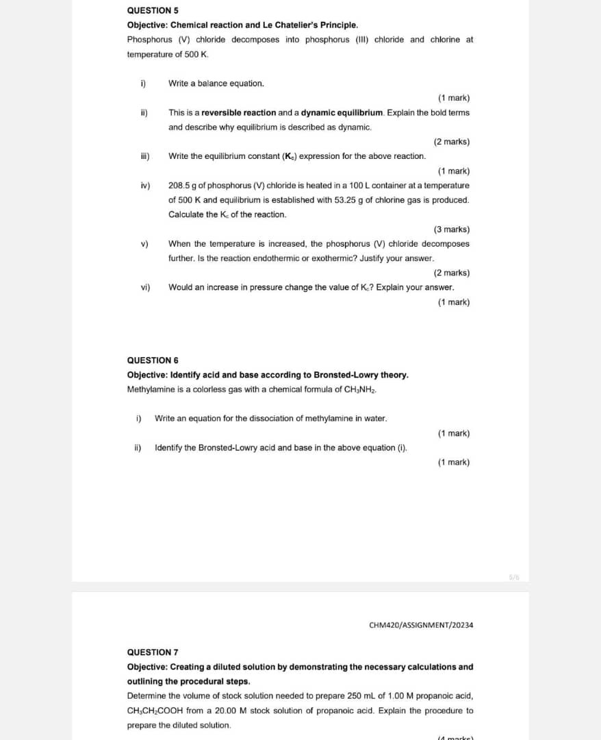 SOLVED: QUESTION 5 Objective: Chemical reaction and Le Chatelier's Principle. Phosphorus (V ...