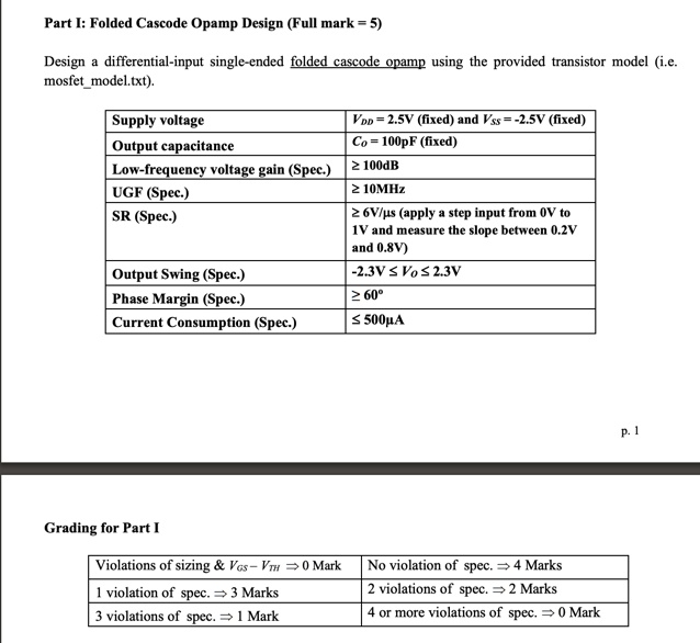 Part I: Folded Cascode Opamp Design (Full mark = 5) Design a ...