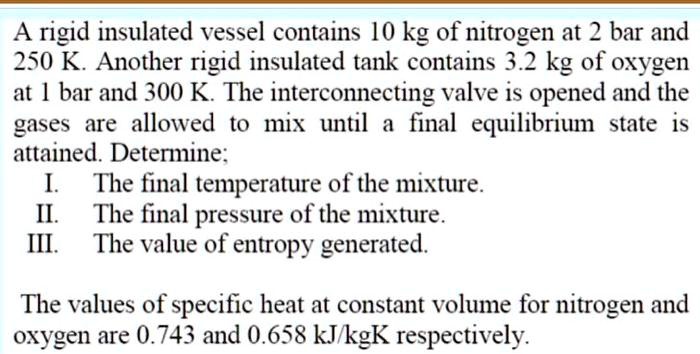 SOLVED: A rigid insulated vessel contains 10 kg of nitrogen at 2 bar and 250 K. Another rigid ...