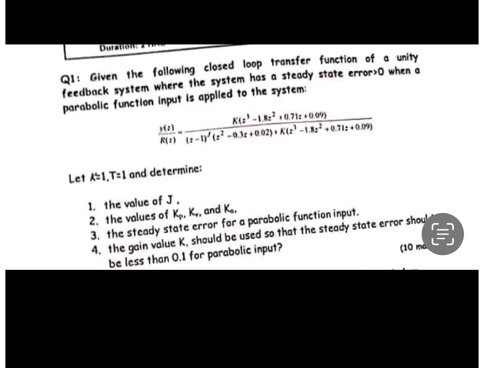 SOLVED: The following closed-loop transfer function of a unity Q1 ...