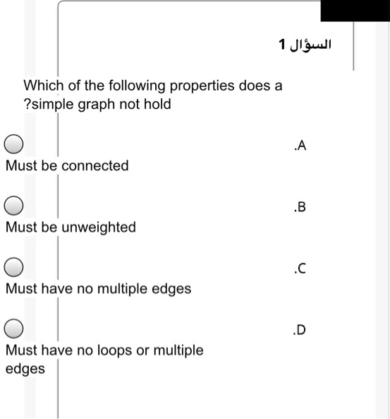 Which of the following properties does a simple graph not hold? - Must be connected - Must be ...