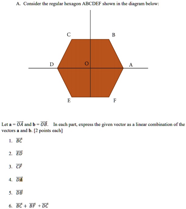 A. Consider the regular hexagon ABCDEF shown in the diagram below: D C B E F A Let a ...