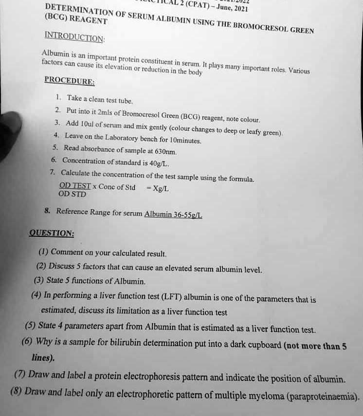 tcal determination icfat june 2021 bcg reagent of serum albumin using ...