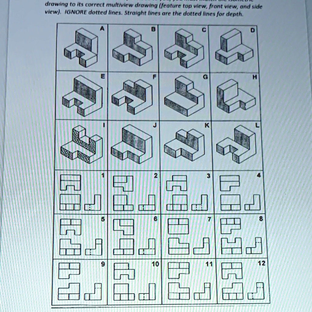 match drawing to its cotrect multiview drawing feoture top view front ...
