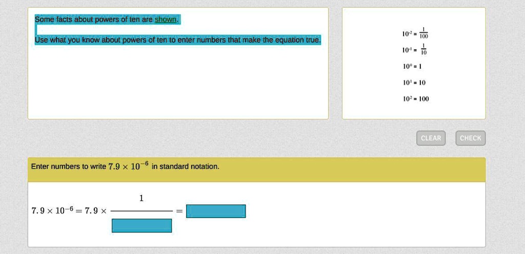 Some facts about powers of ten are shown. 10?² = 100 Use what you know ...
