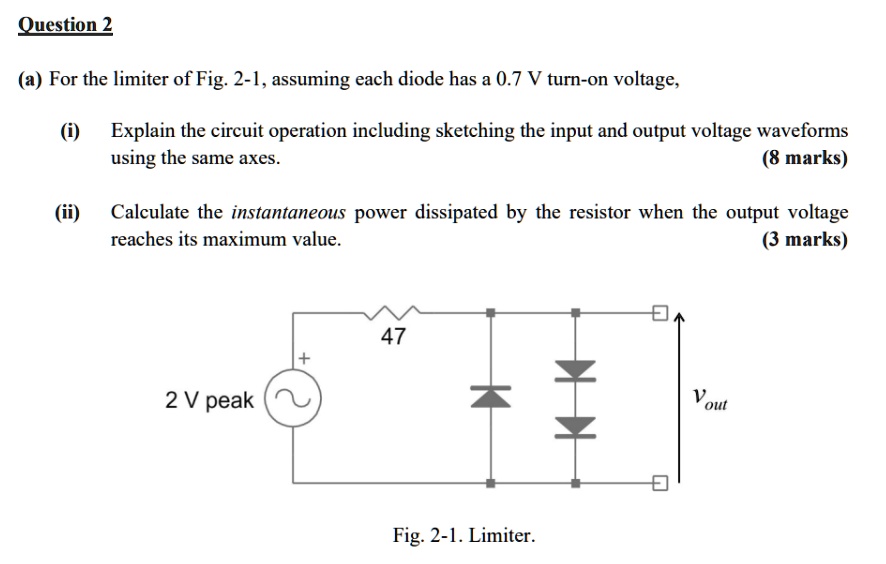 question 2 a for the limiter of fig 2 1 assuming each diode has a 07 v turn on voltage i explain ...