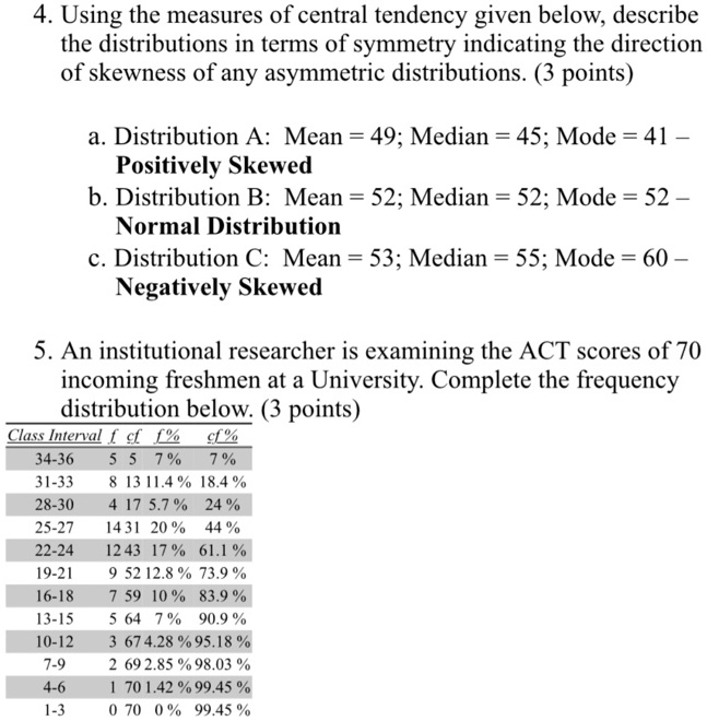 SOLVED: Using the measures of central tendency given below; describe ...