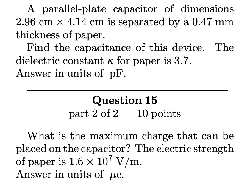 SOLVED: A parallel-plate capacitor of dimensions 2.96 cm x 4.14 cm is ...