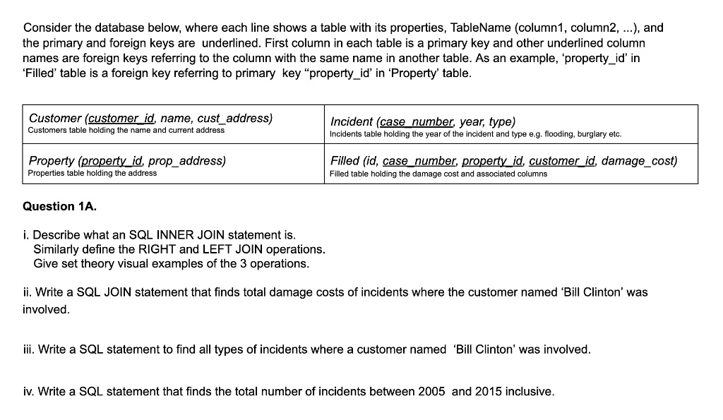 Solved Consider The Database Below Where Each Line Shows A Table With Its Properties 