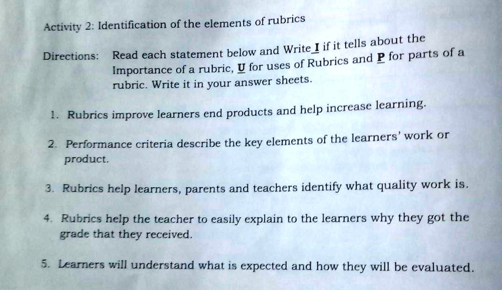 Activity 2: Identification of the elements of rubrics Directions: Read ...