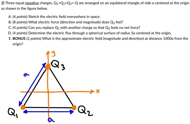 SOLVED: 2) Three equal negative charges, Q1-Q2-Q3--Q are arranged on an equilateral triangle of ...