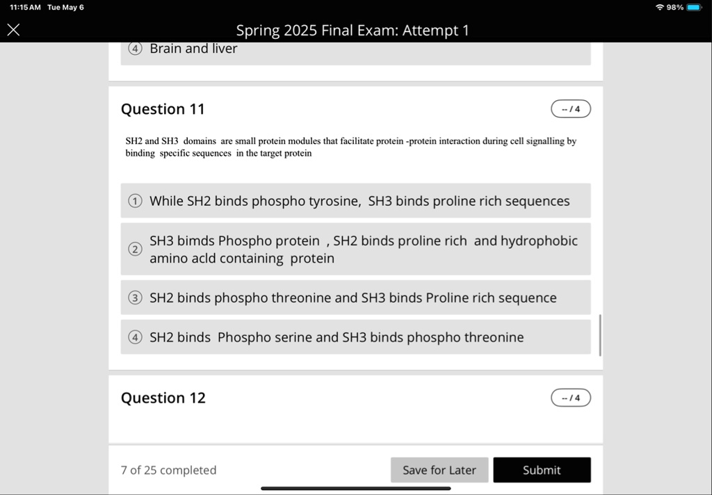 spring 2025 final exam attempt 1 brain and liver question 11 sh2 and ...