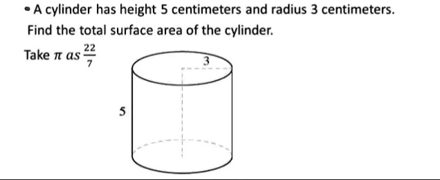 A cylinder has height 5 centimeters and radius 3 centimeters. Find the total surface area of the ...