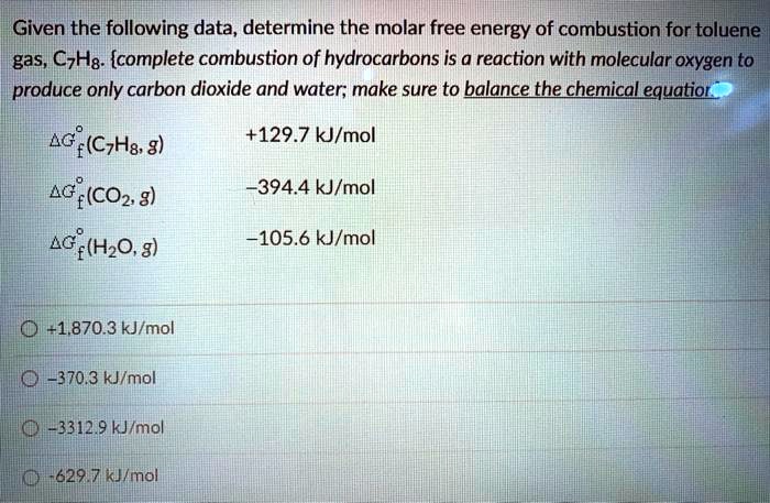 given the following data determine the molar free energy of combustion ...